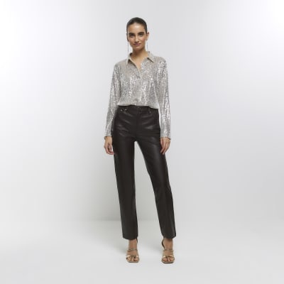 Silver Sequin Long Sleeve Shirt River Island
