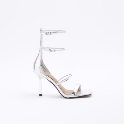 Silver strappy heeled sandals | River Island