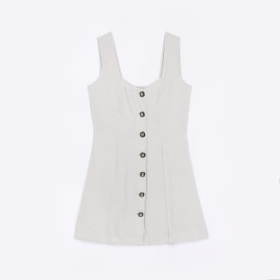 Stone button mini dress with linen | River Island