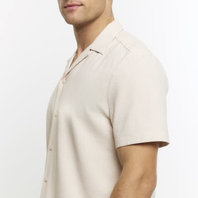 Stone Regular Fit Seersucker Revere Shirt River Island