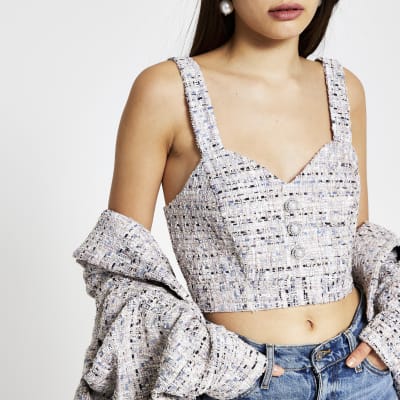 White Boucle Bralet Top River Island