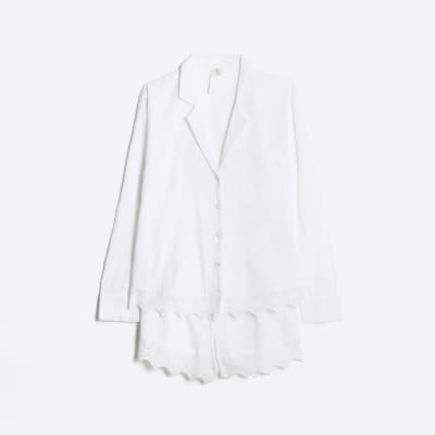 White Broderie Trim Top And Shorts Pyjama Set River Island