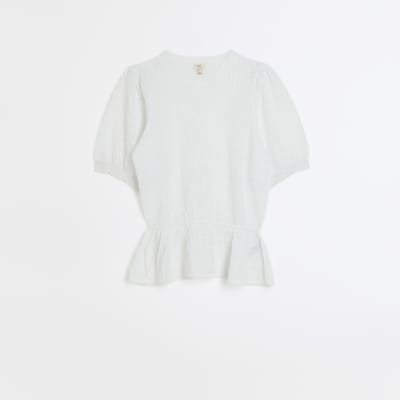White knitted puff sleeve peplum top | River Island