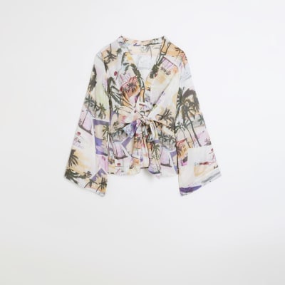 White print wrap long sleeve top | River Island