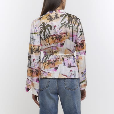 White print wrap long sleeve top | River Island