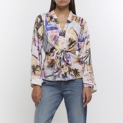 White print wrap long sleeve top | River Island