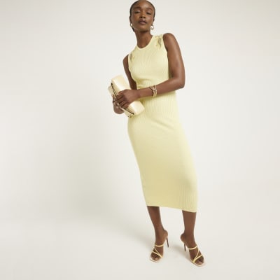 Yellow ribbed broderie bodycon midi dress | River Island